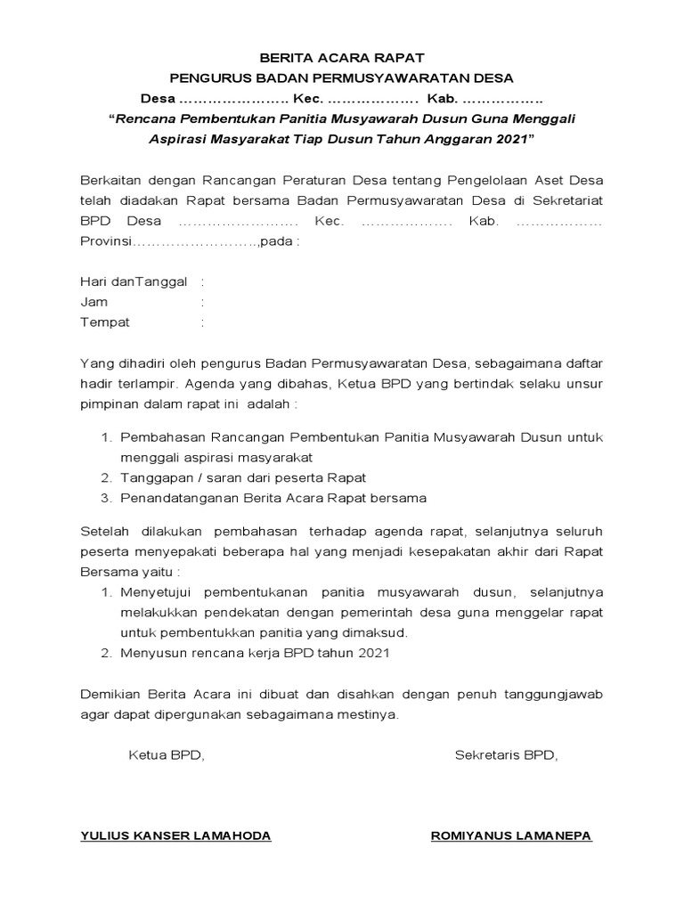 Berita Acara Rapat Bersama Dan Notulen Rapat BPD | PDF