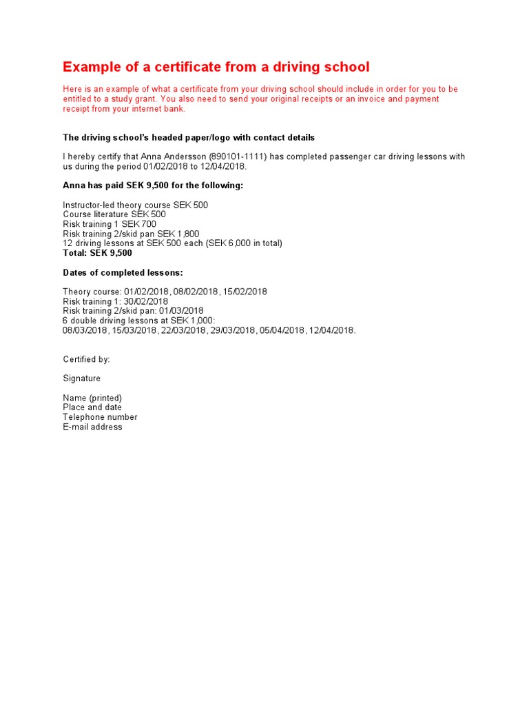 Driving School Certificate Example | PDF
