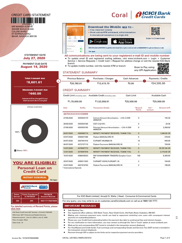 July 27, 2020 August 14, 2020: Credit Card Statement | PDF | Credit ...