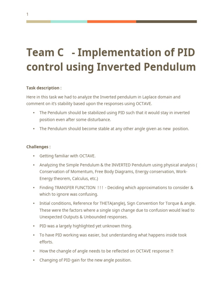 Team C - Implementation of PID Control Using Inverted Pendulum | PDF | Feedback | Physics