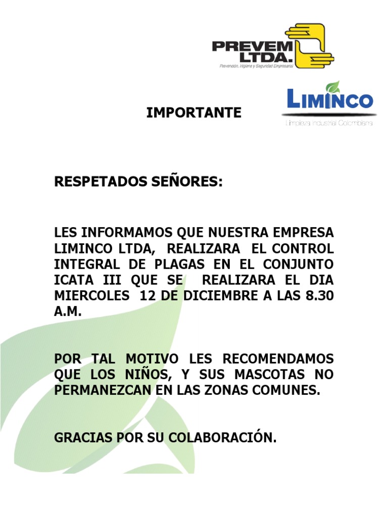 Aviso Para Fumigacion Pdf