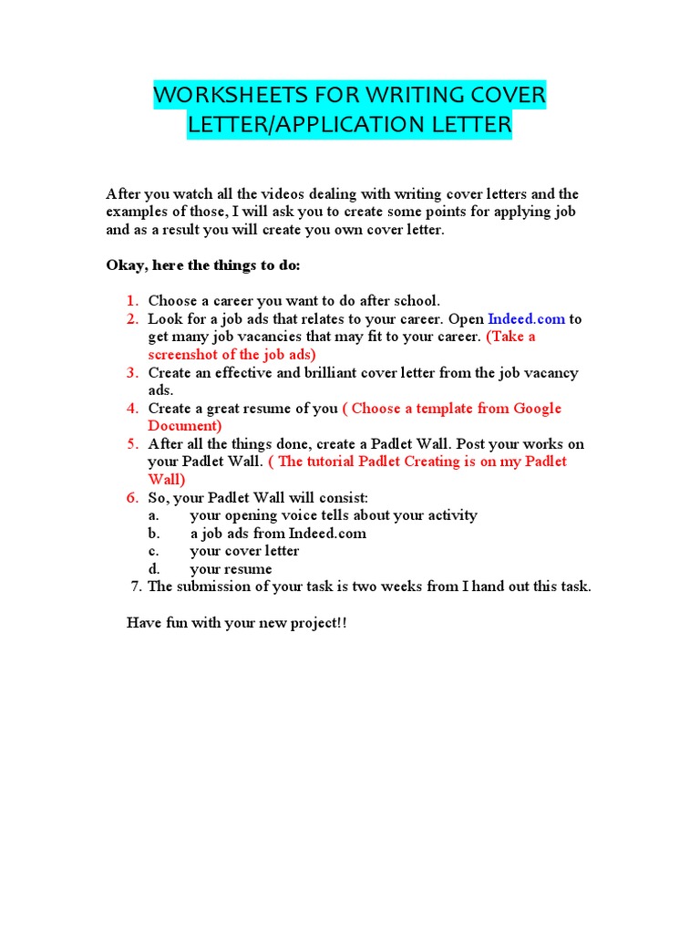 Worksheets For Writing Cover Letter/Application Letter: Okay, Here The ...