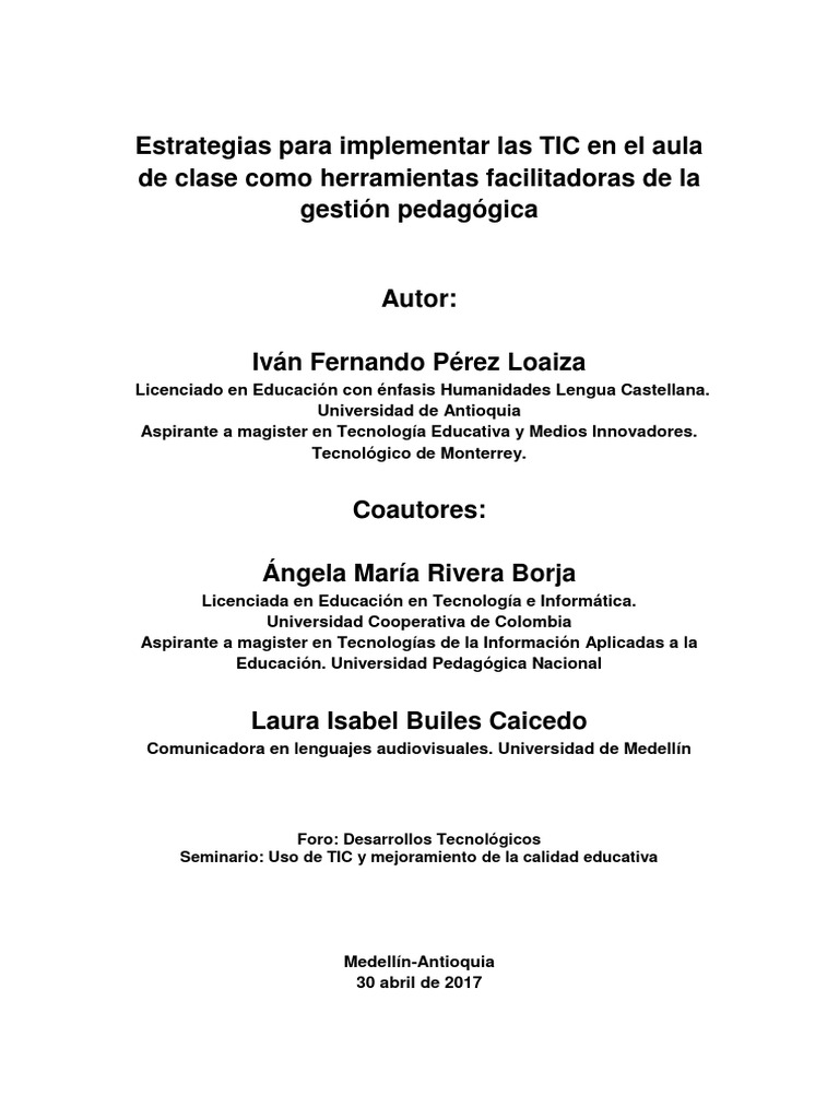 Estrategias para Implementar Las TIC en El Aula de Clase Como ... Estrategias para Implementar Las TIC en El Aula de Clase Como ...