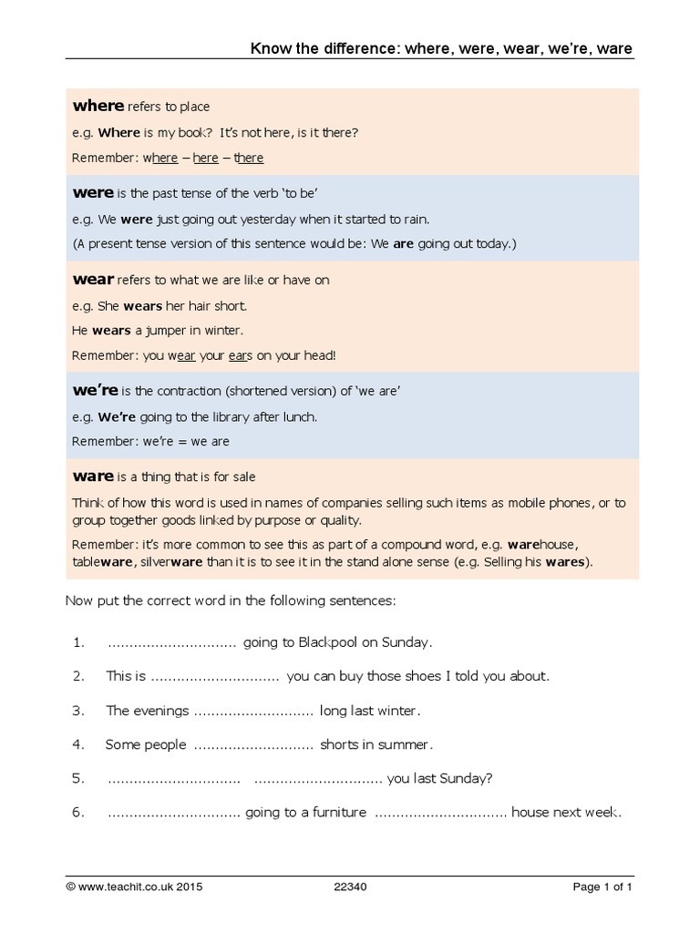 Where: Know The Difference: Where, Were, Wear, We're, Ware | PDF