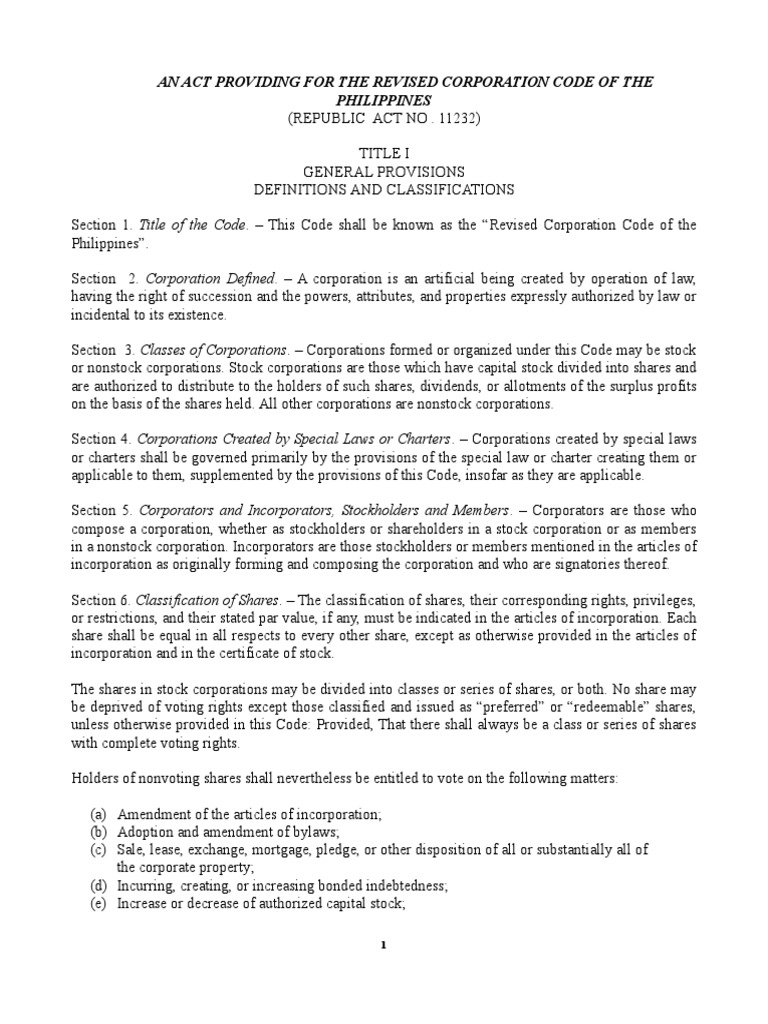 Revised Corporation Code | PDF | Corporations | Stocks