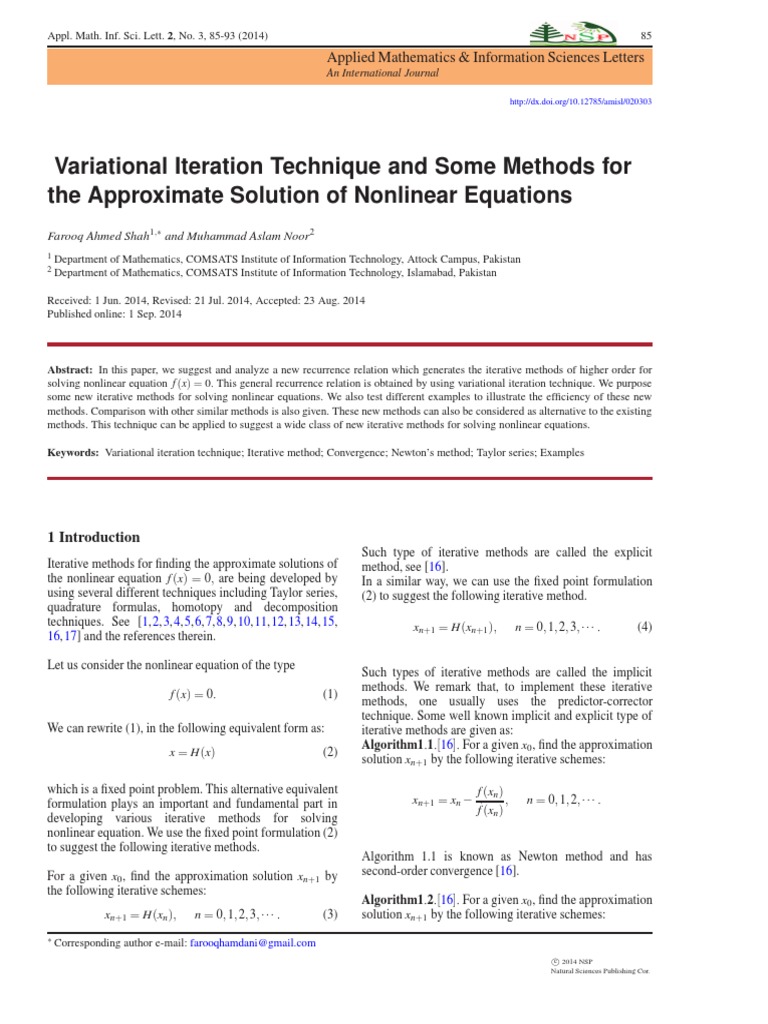 Variational Iteration Technique And Some Methods For The Approximate Solution Of Nonlinear