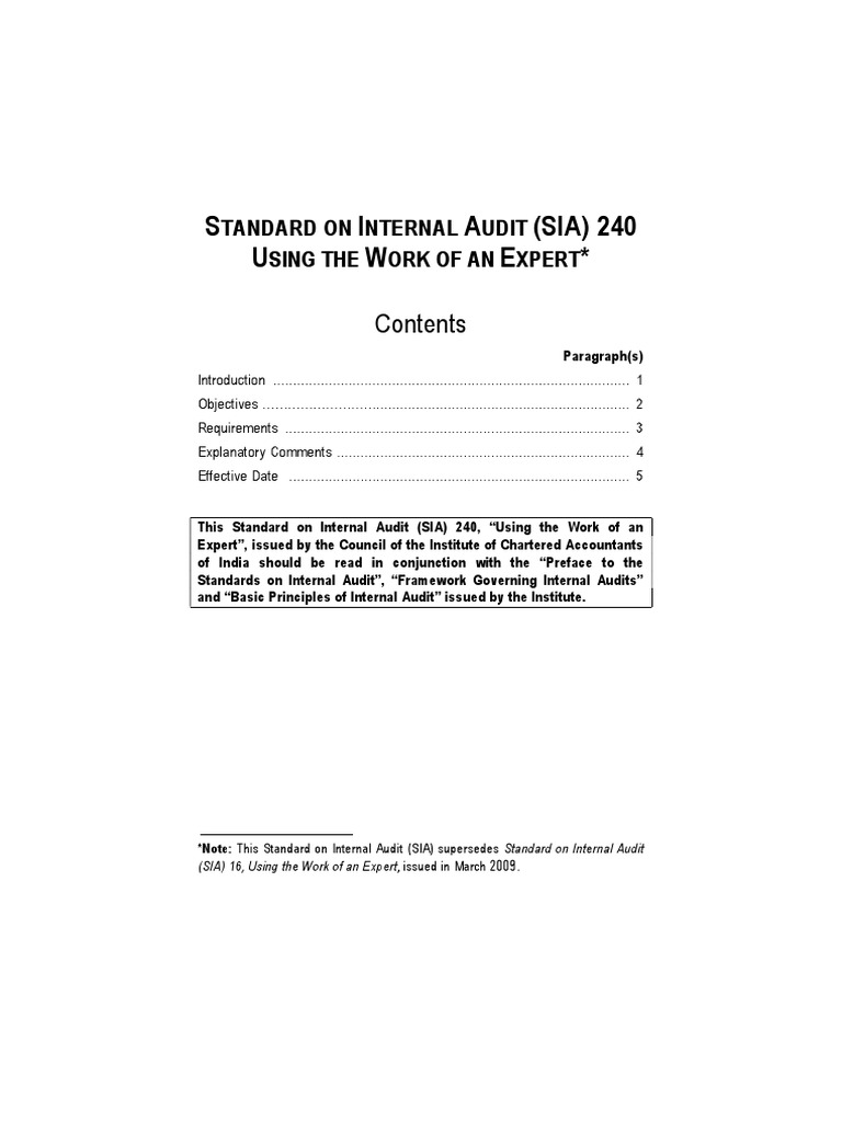 Standard On Internal Audit (SIA) 240 - Using The Work of An Expert ...