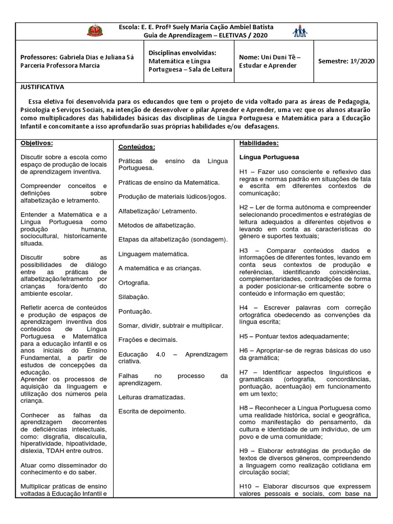 GA Eletiva Uni Duni Te 2020 | PDF | Alfabetização | Número racional