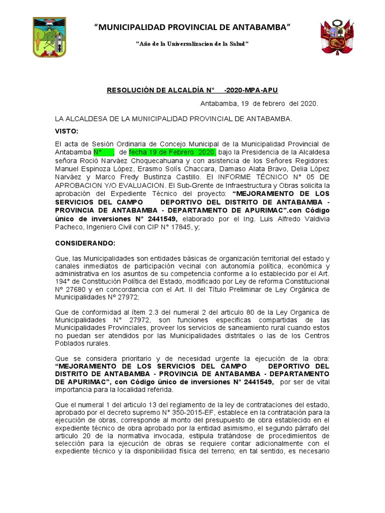 Resolucion Alcaldia Aprobacion Exp Tecnico | PDF | Gobierno local | Alcalde