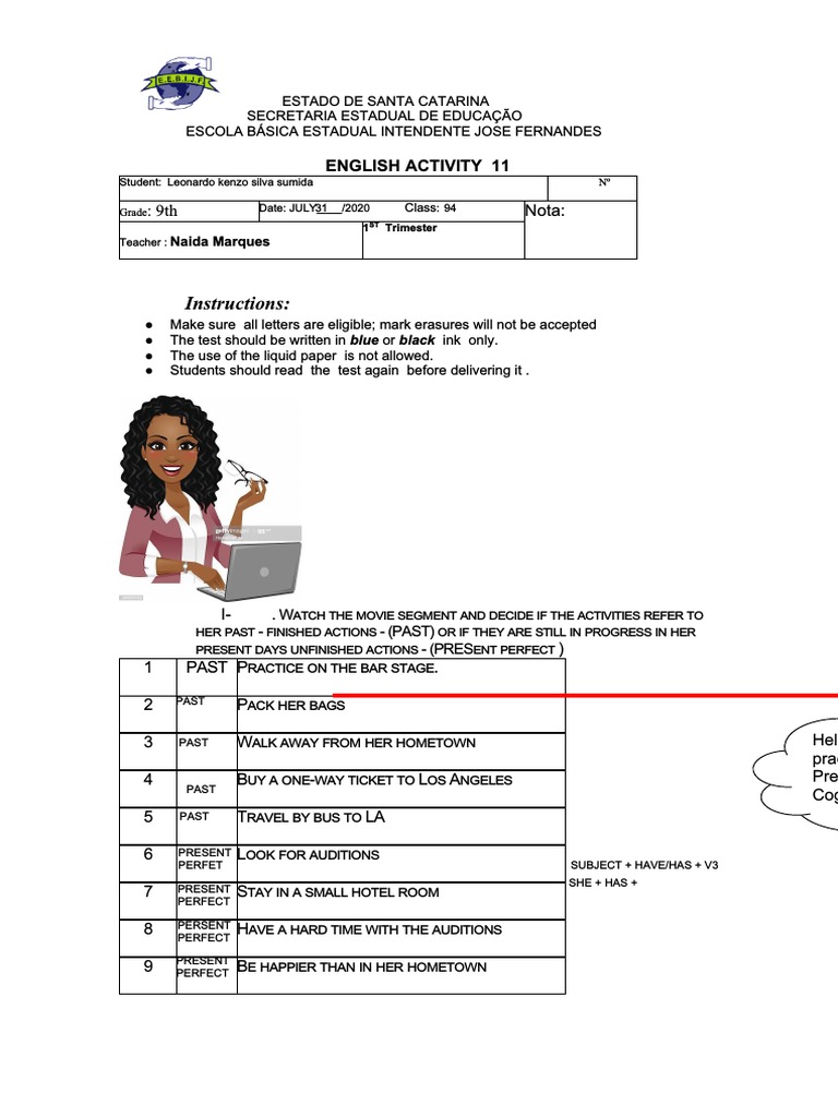 English Activity for 9th Grade Students Focuses on Verb Tenses and ...
