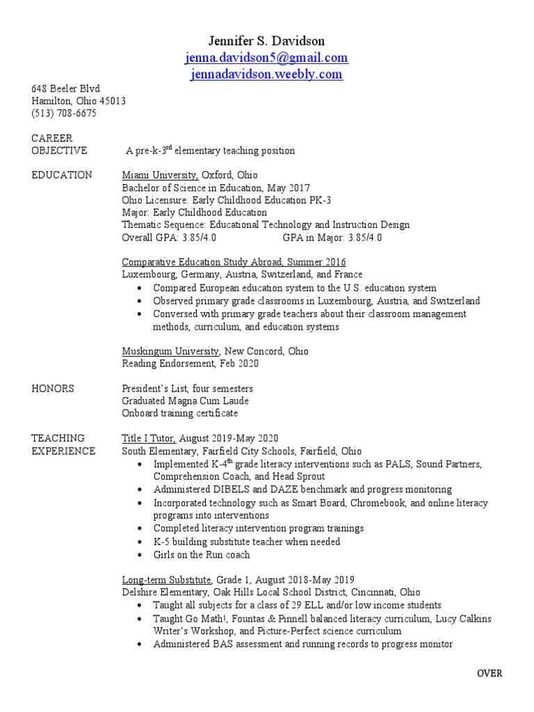 Jennifer Davidson Resume 2020 | PDF | Literacy | Curriculum