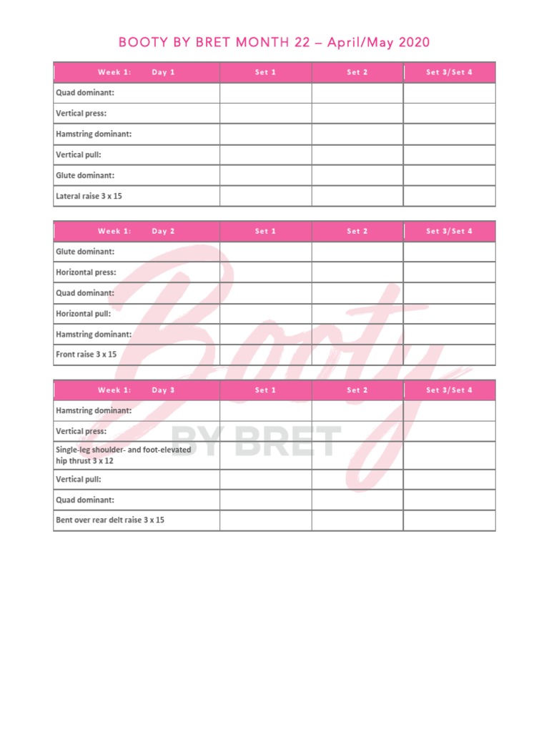 BOOTY BY BRET MONTH 22 - April/May 2020: Week 1: Day 1 Set 1 Set 2 Set ...