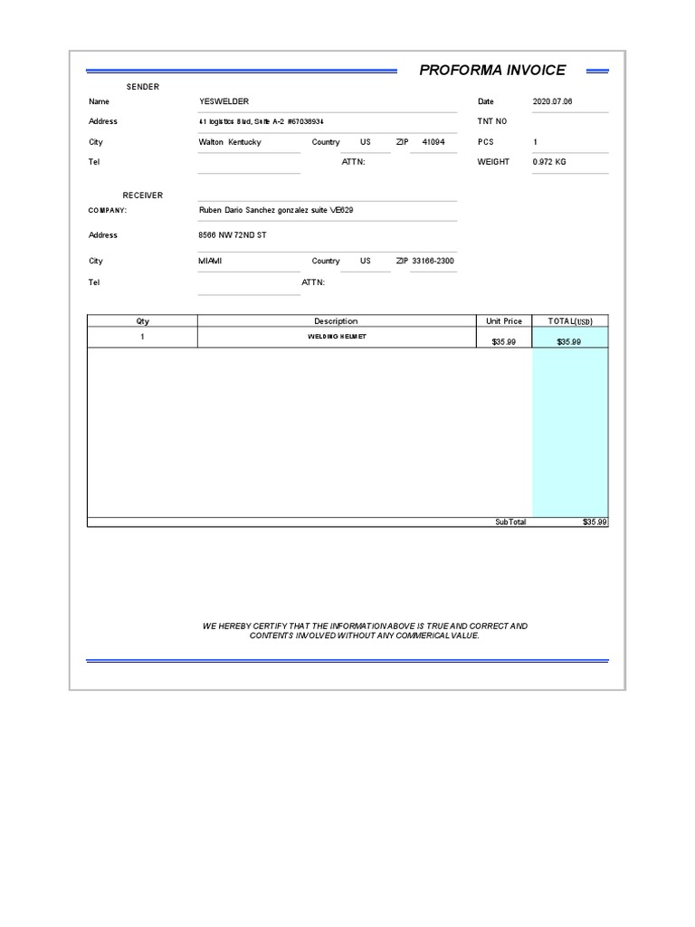 Proforma invoice for welding helmet shipment | PDF