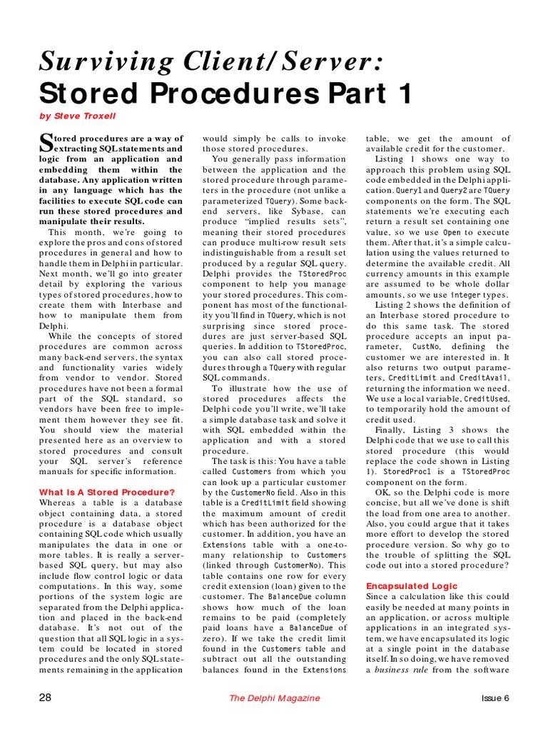 Delphi - Stored Procedures - Part 1 PDF | Download Free PDF | Databases | Sql