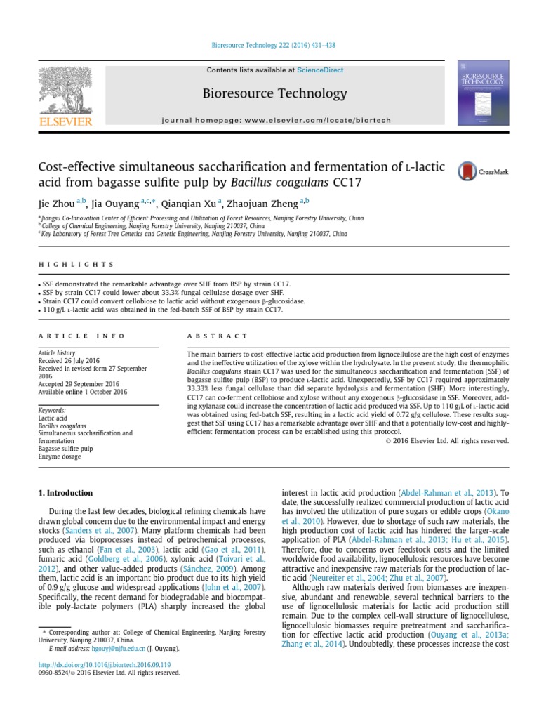 2cost-Effective Simultaneous Saccharification and Fermentation of L-Lactic | PDF | Cellulose ...