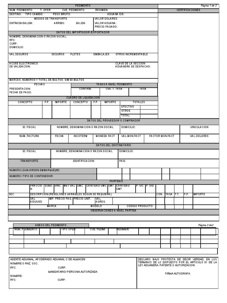 Formato de Pedimento Aduanero en Blanco | PDF