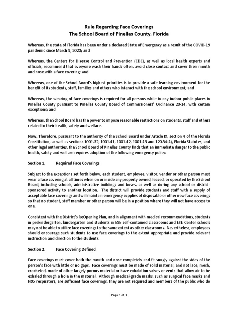Pinellas County School Face Covering Policy | PDF | Government | Wellness