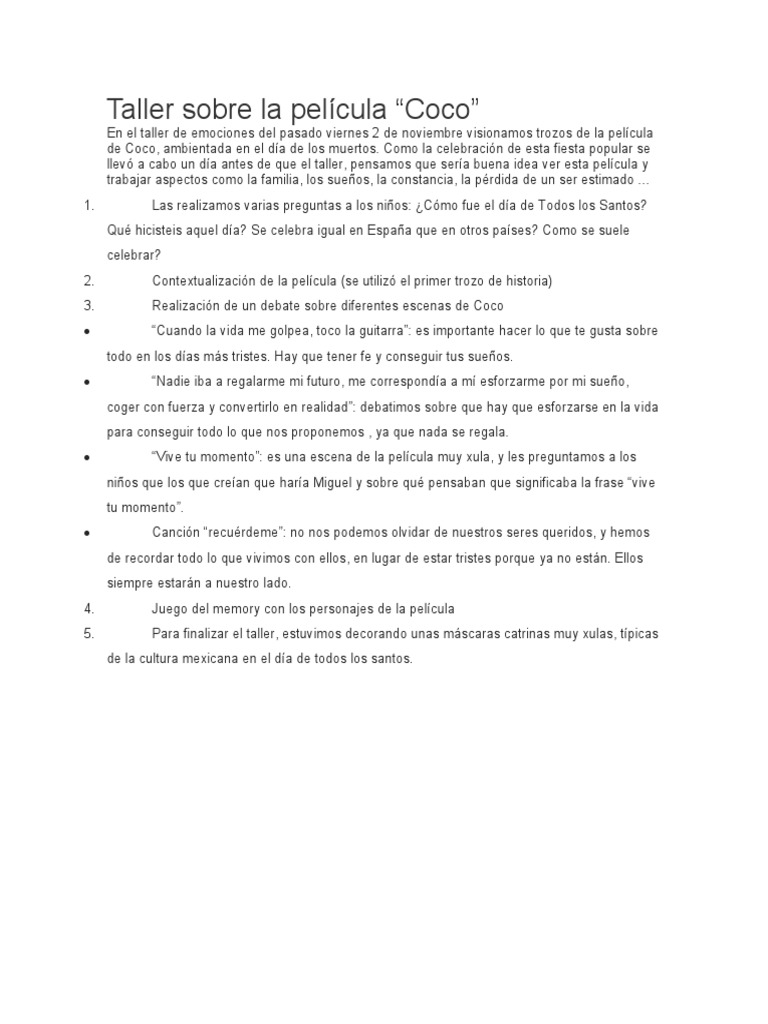Taller Sobre La Película COCO | PDF