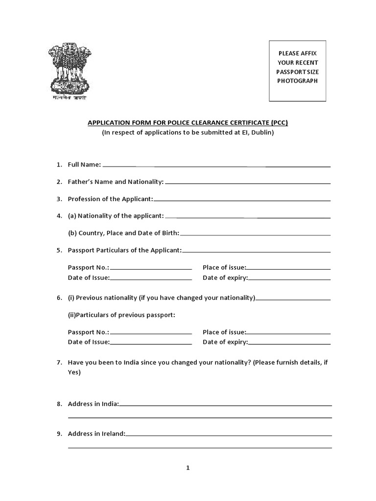 Application Form For Police Clearance Certificate (PCC) : Please Affix ...