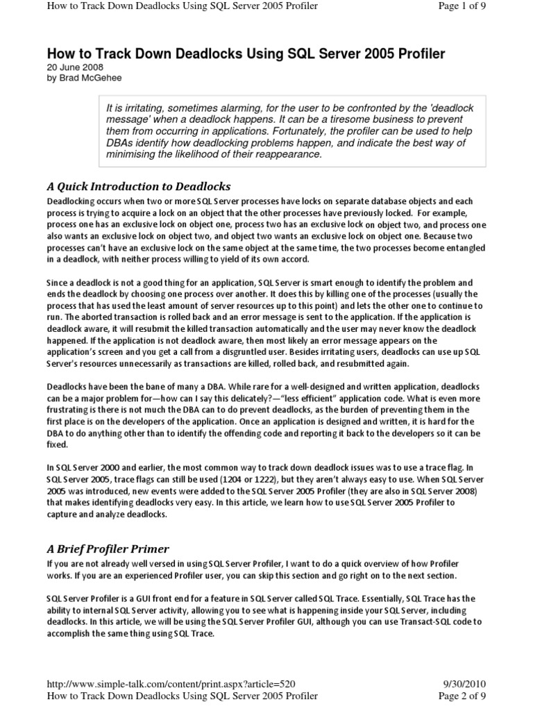 How To Track Down Deadlocks Using SQL Server 2005 Profiler | PDF | Microsoft Sql Server ...