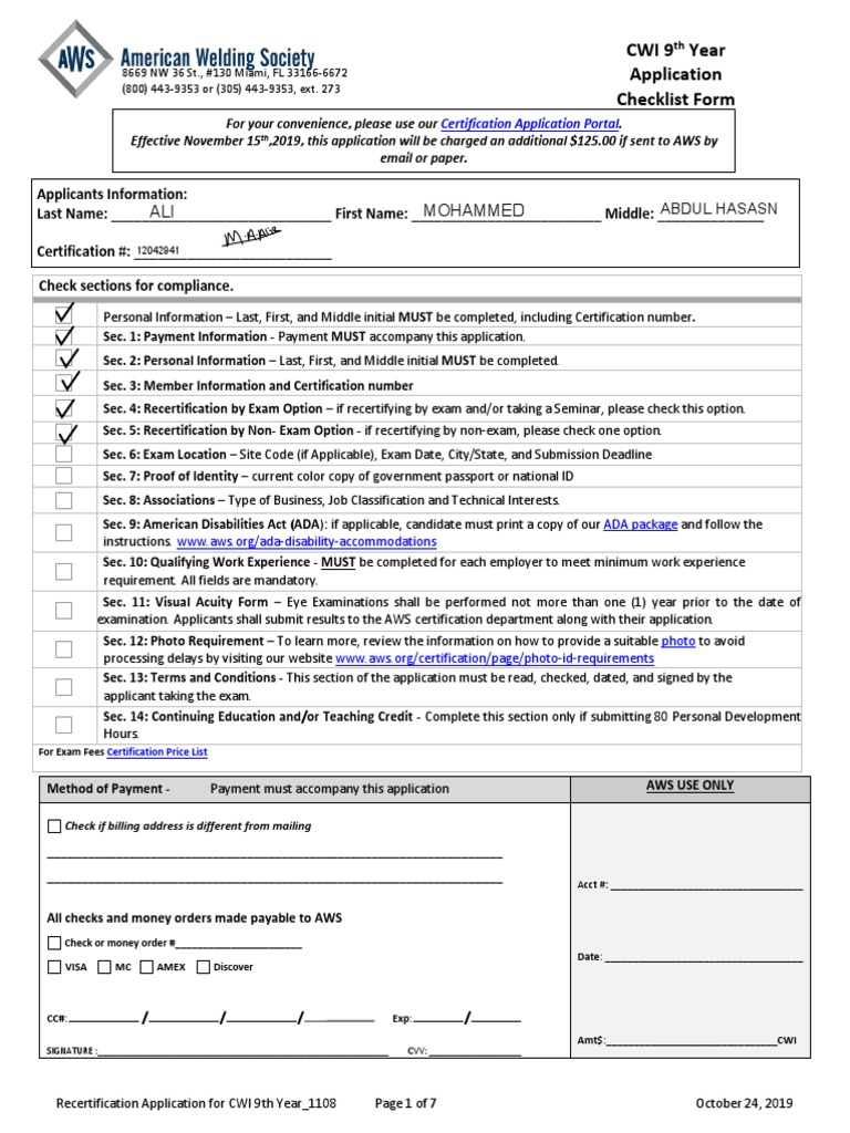 ALI Mohammed: Cwi 9 Year Application Checklist Form | PDF | Welding ...