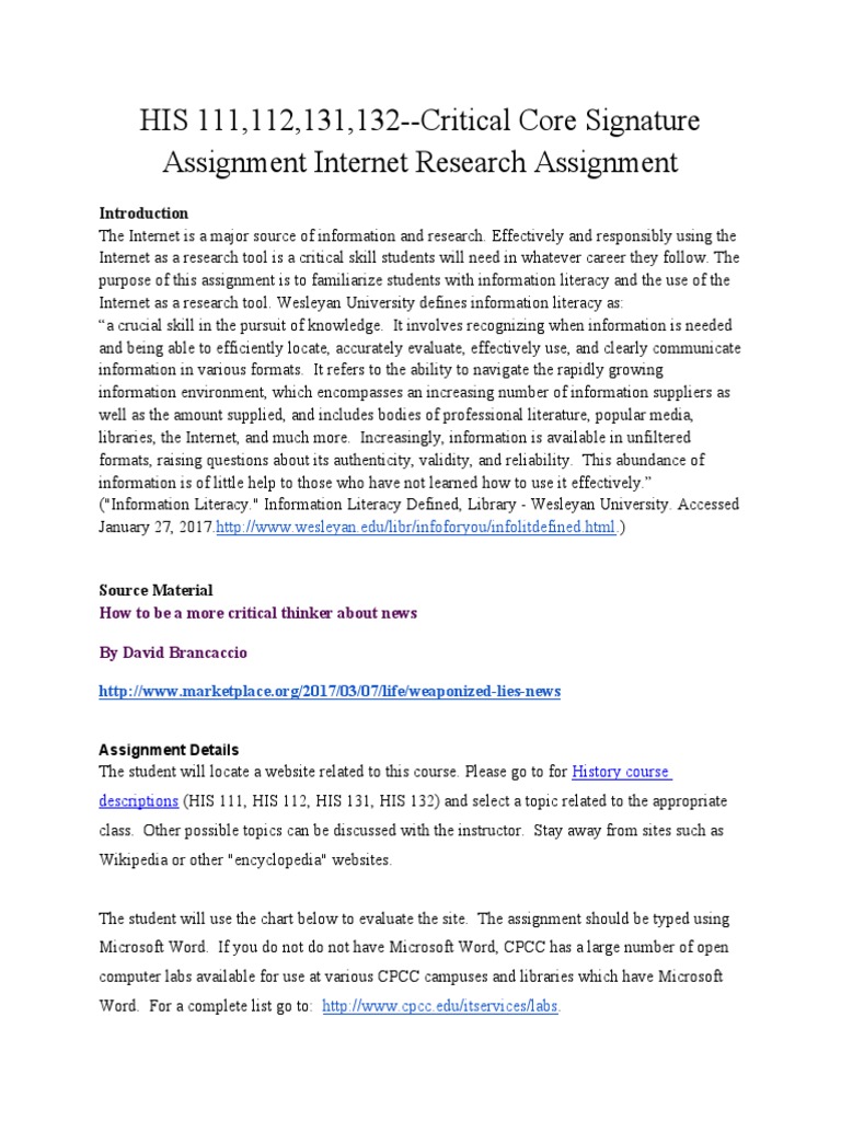 Critical Core Assignment | PDF | Information Literacy | Internet