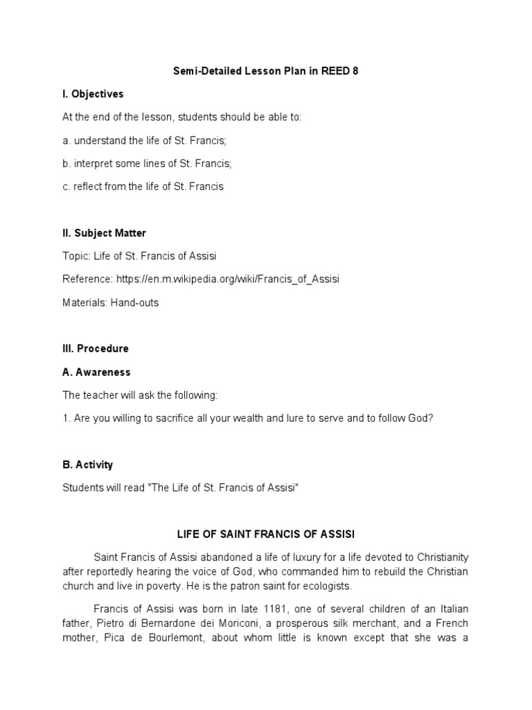 Lesson Plan About The Life of St. Francis | PDF | Francis Of Assisi