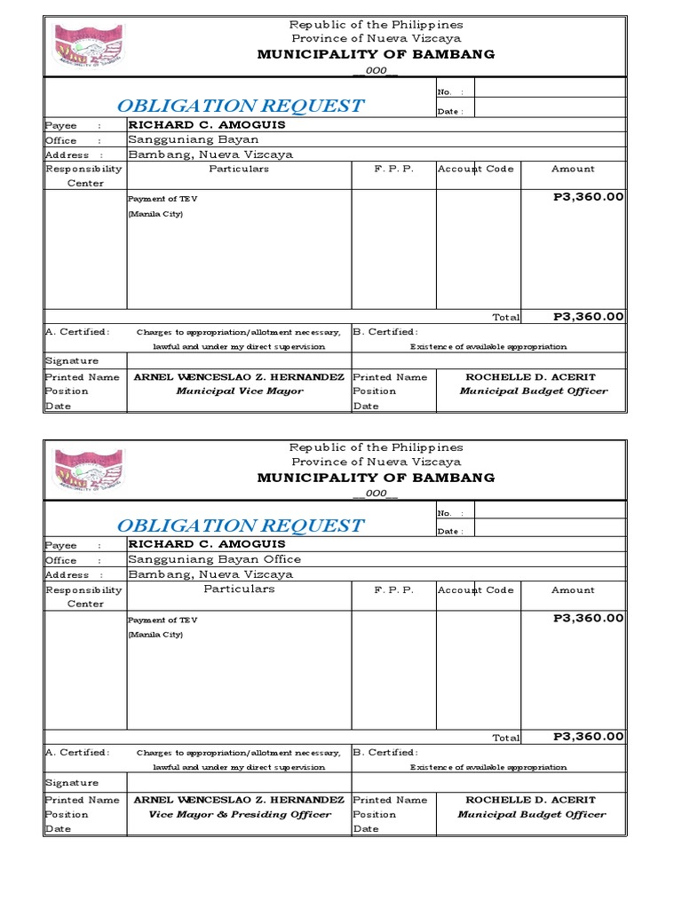 Obligation Request: Municipality of Bambang | Download Free PDF ...