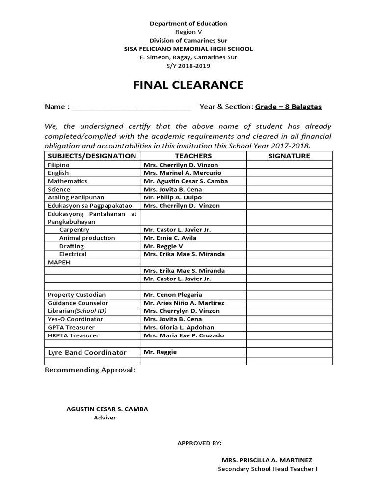 Final Clearance: Name: - Year & Section: Grade - 8 Balagtas | PDF