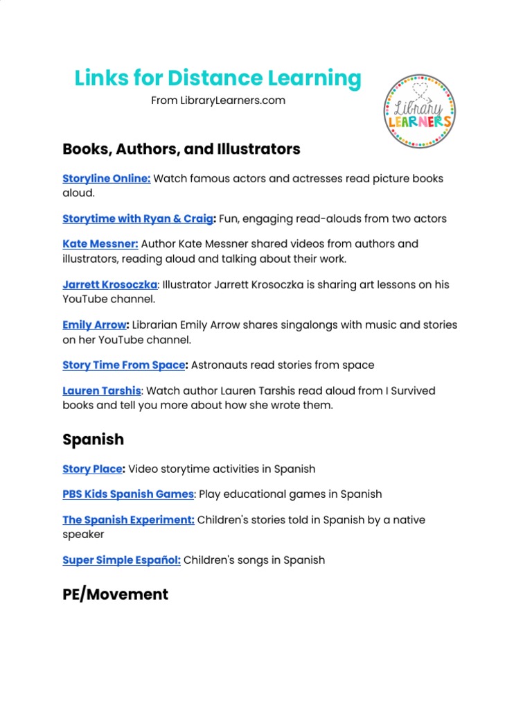 Links For Distance Learning: Books, Authors, and Illustrators | PDF