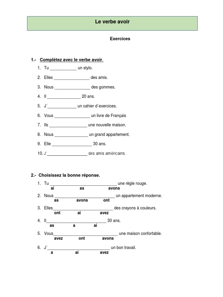 Exercices sur le verbe avoir | PDF