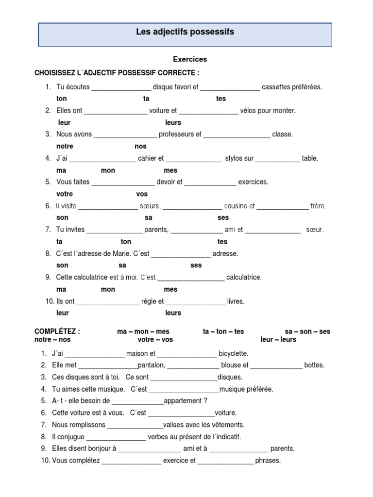 Exercices sur les adjectifs possessifs | PDF