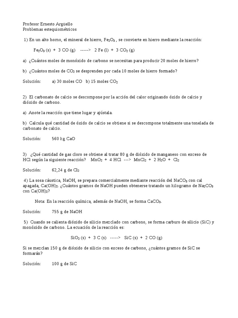 Problemas Estequiométricos Resueltos | PDF | Hierro | Dióxido de carbono