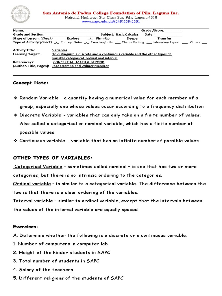 Student Worksheet on Discrete, Continuous, and Other Variable Types | PDF
