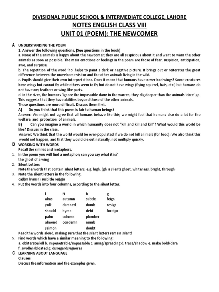 Notes - English - ENGLISH CLASS VIII UNIT 01 (POEM) | PDF | Adjective ...