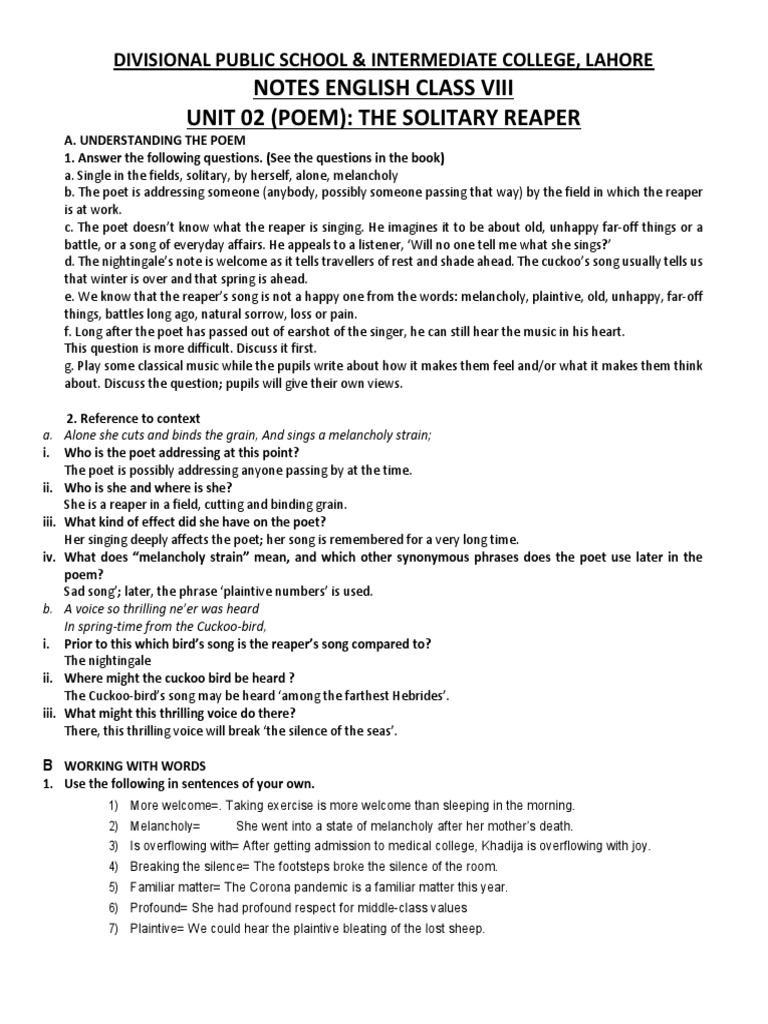 Notes - English - ENGLISH CLASS VIII UNIT 02 (POEM) | PDF