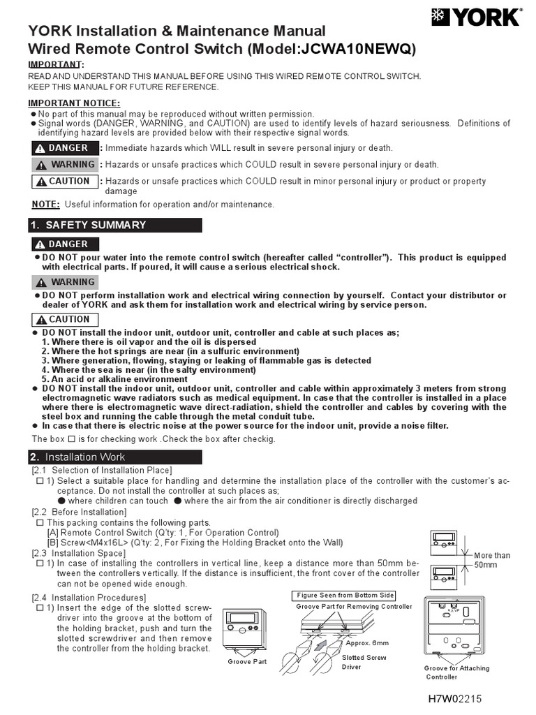 YORK VRF Old Fashion Wired Remote Controller JCWA10NEWQ - Installation ...