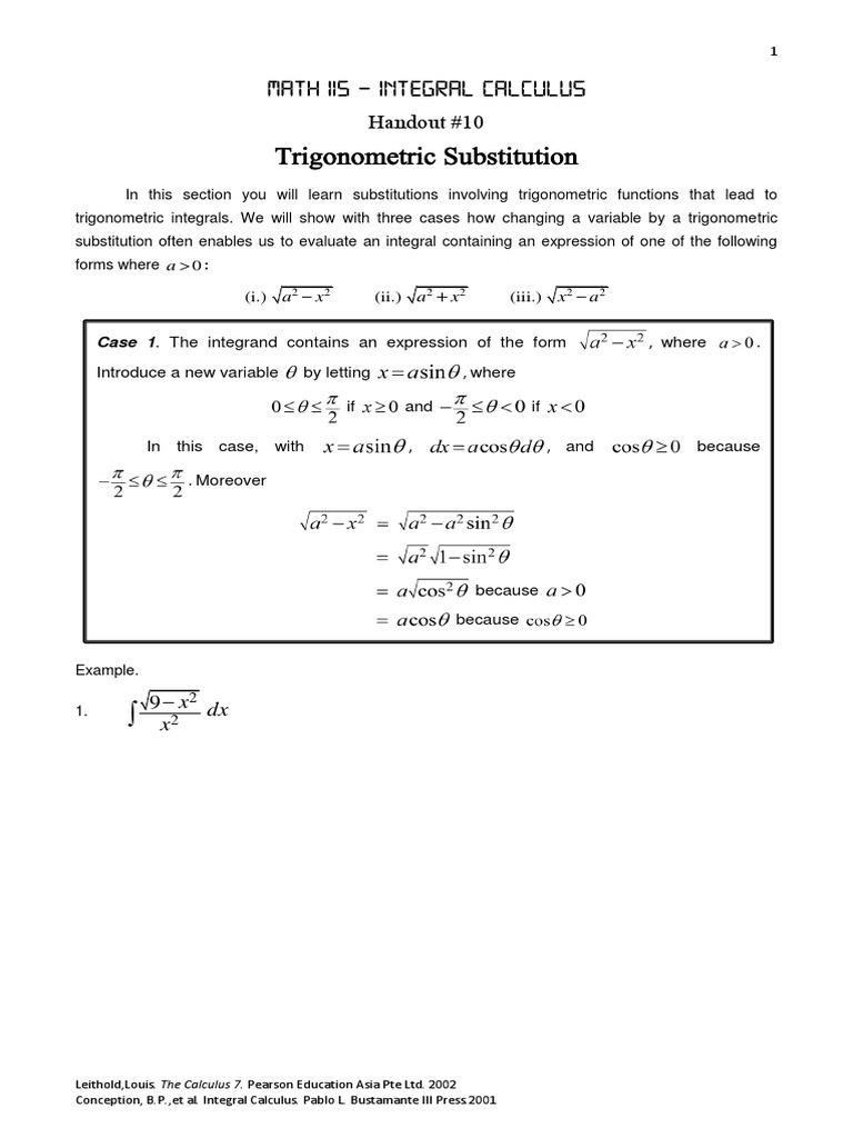 Trigonometric Substitution PDF | PDF | Integral | Mathematical Analysis