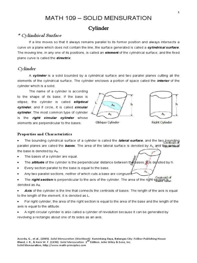 Properties, Formulas, and Applications of Cylinders: Solving Solid Mensuration Problems | PDF ...