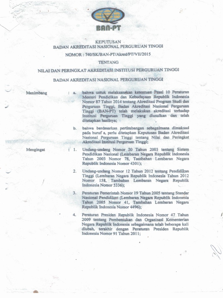 Surat Keputusan Ban PT Dan Sertifikat Akreditasi Ung | PDF