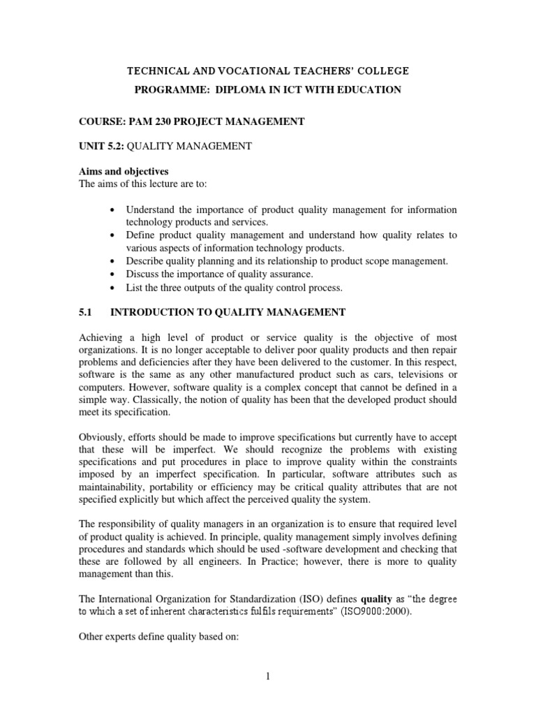 Quality Management in ICT Projects | PDF | Quality Management | Quality ...