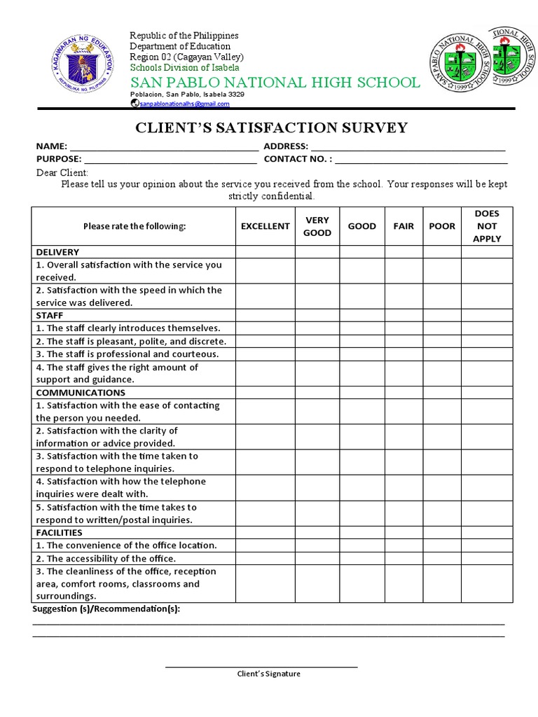San Pablo National High School: Client'S Satisfaction Survey | PDF ...