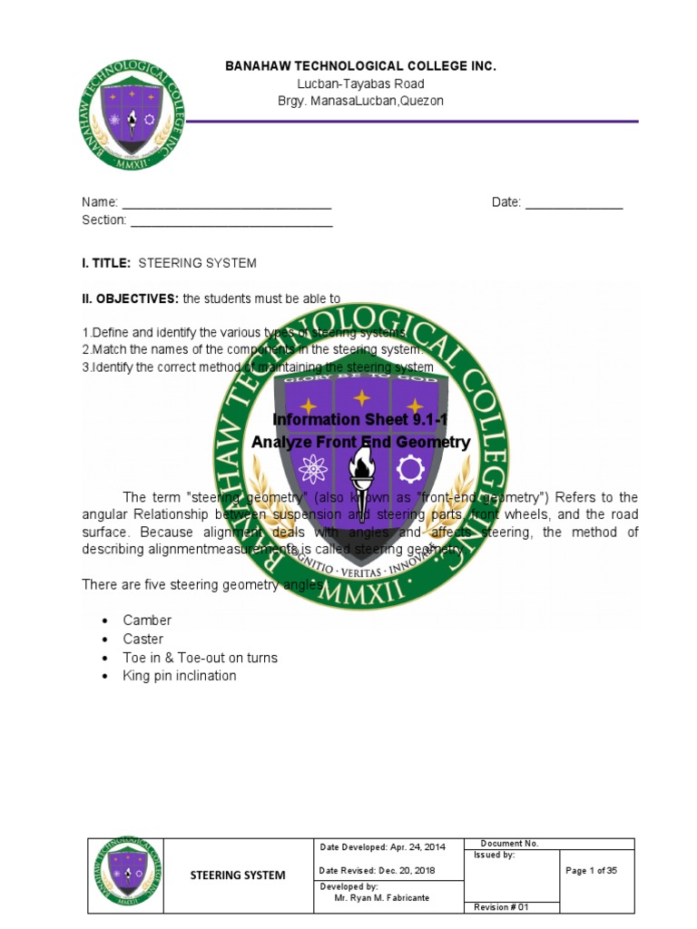 9 Info and Work Sheet Service Steering System2 | PDF | Steering | Gear
