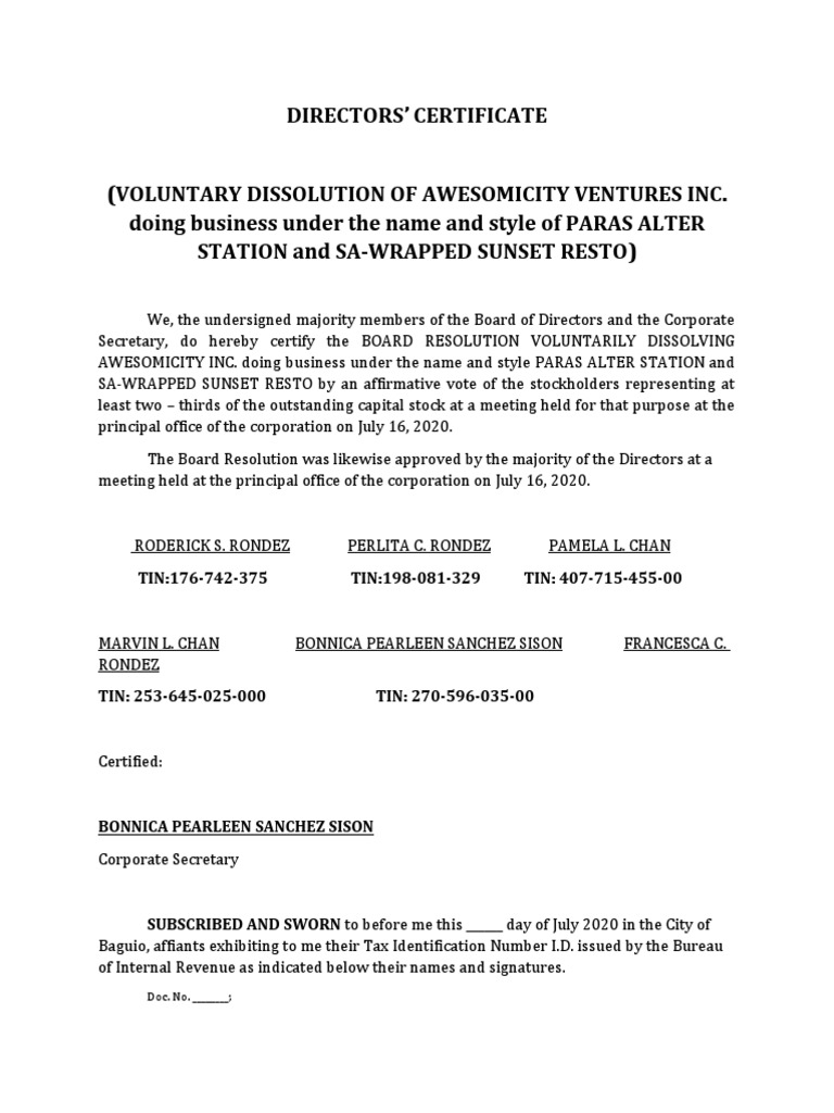 Directors' Certificate for Dissolution | PDF