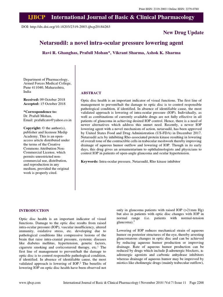 Netarsudil A Novel Intra Ocular Pressure Lowering Agent | PDF ...