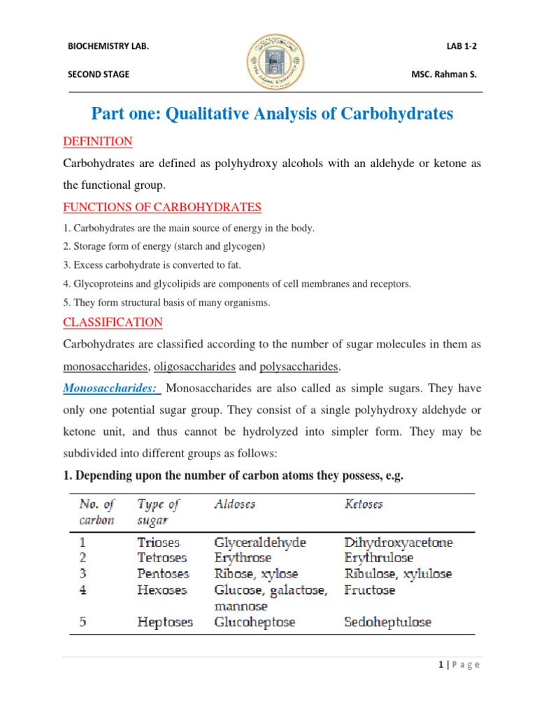 Part One: Qualitative Analysis of Carbohydrates | PDF | Carbohydrates ...