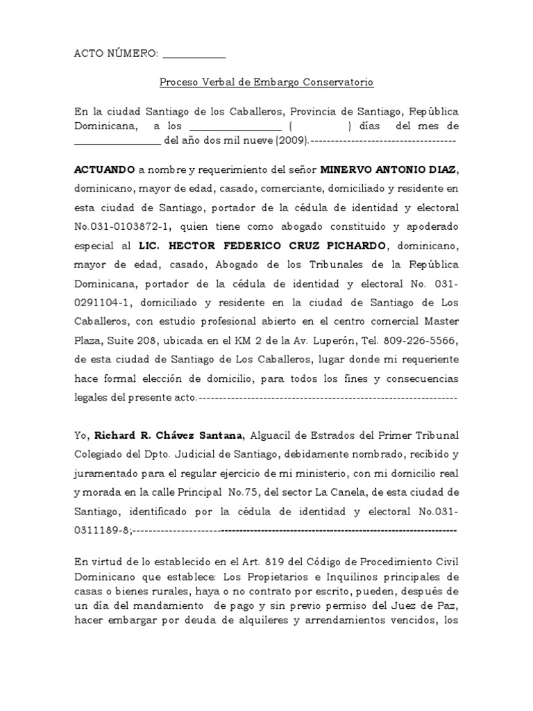 PROCESO VERBAL DE EMBARGO CONSERVATORIO Minervo | PDF | República ...