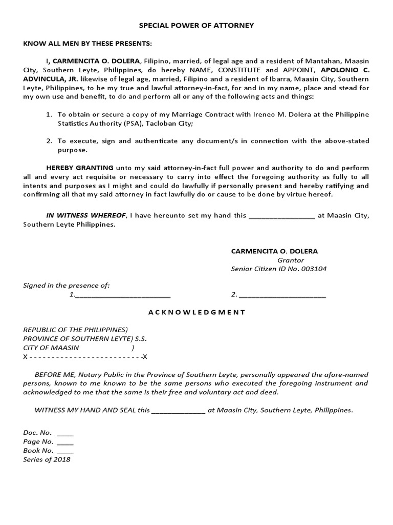 Special Power of Attorney: IN WITNESS WHEREOF, I Have Hereunto Set My ...
