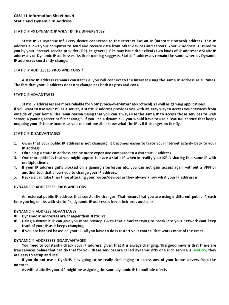 CSS111 Information Sheet No. 4 Static and Dynamic IP Address | PDF | Ip ...