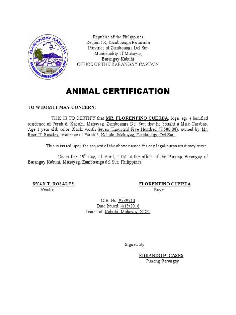 Animal Purchase Certification Letter | PDF | Philippines